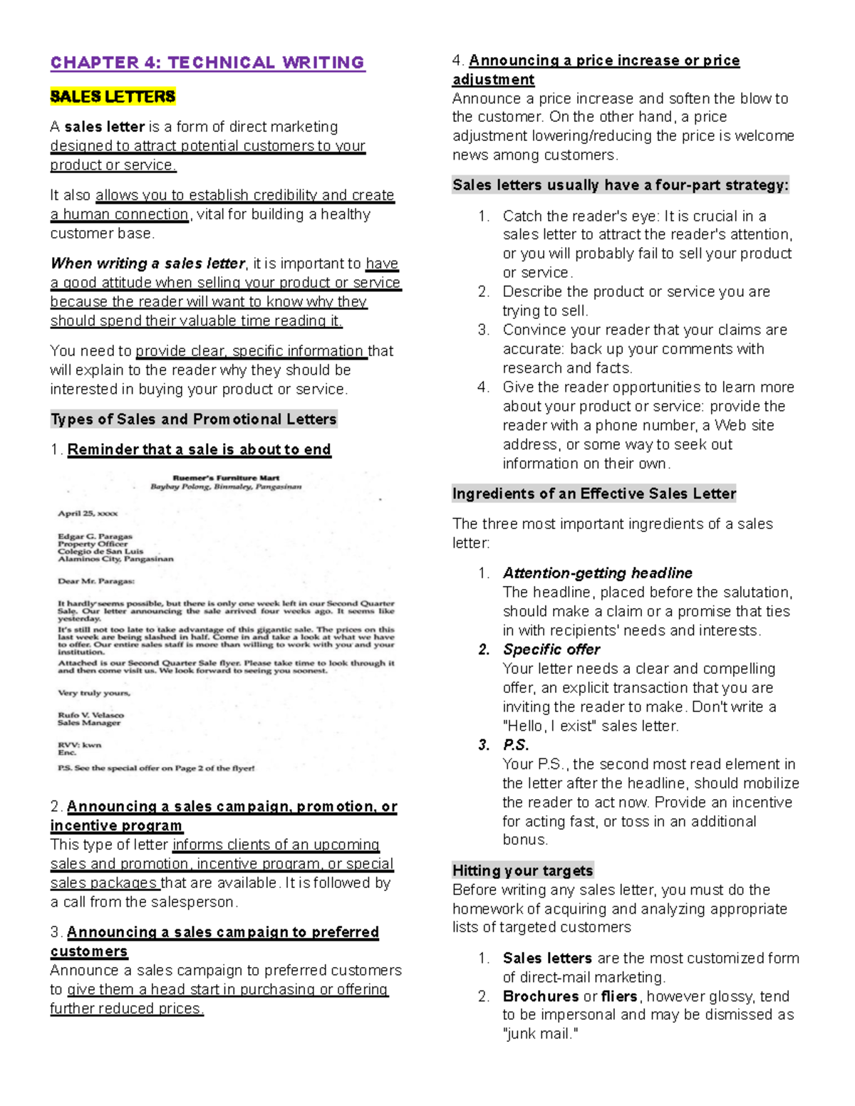 Technical Writing Guide: Sales Letters and Inquiry Letters - Studocu