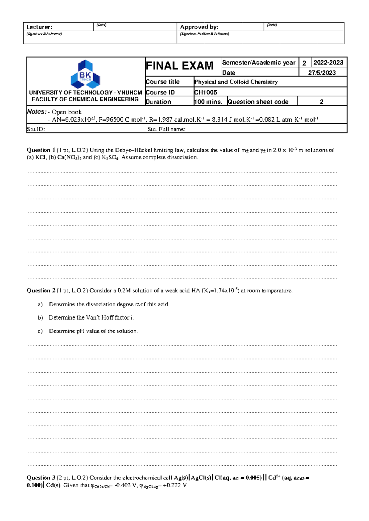 Final Exam CH1005: Physical and Colloid Chemistry Questions - Studocu