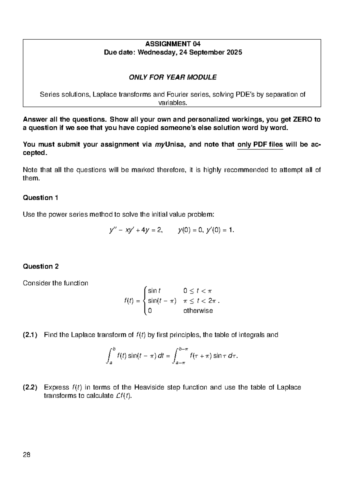 AMP2611 Assignment 04: Series Solutions & Laplace Transforms - Studocu