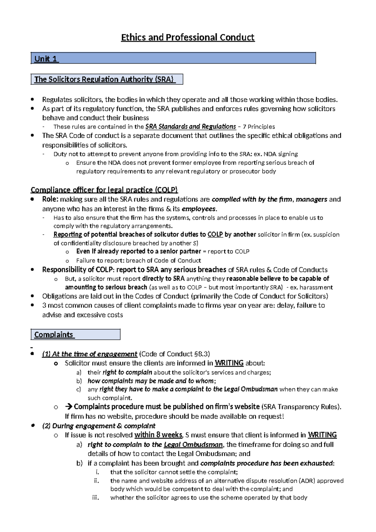Ethics Unit 1: Overview of SRA Regulations and Client Care - Studocu