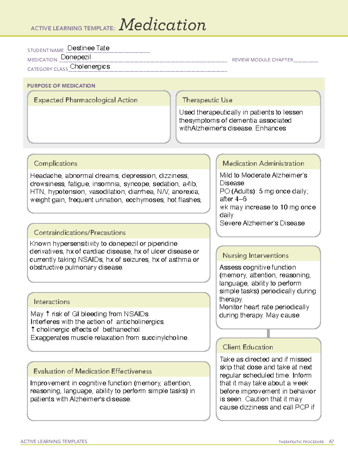 Donepezil- ATI MED CARD - ACTIVE LEARNING TEMPLATES THERAPEUTIC ...