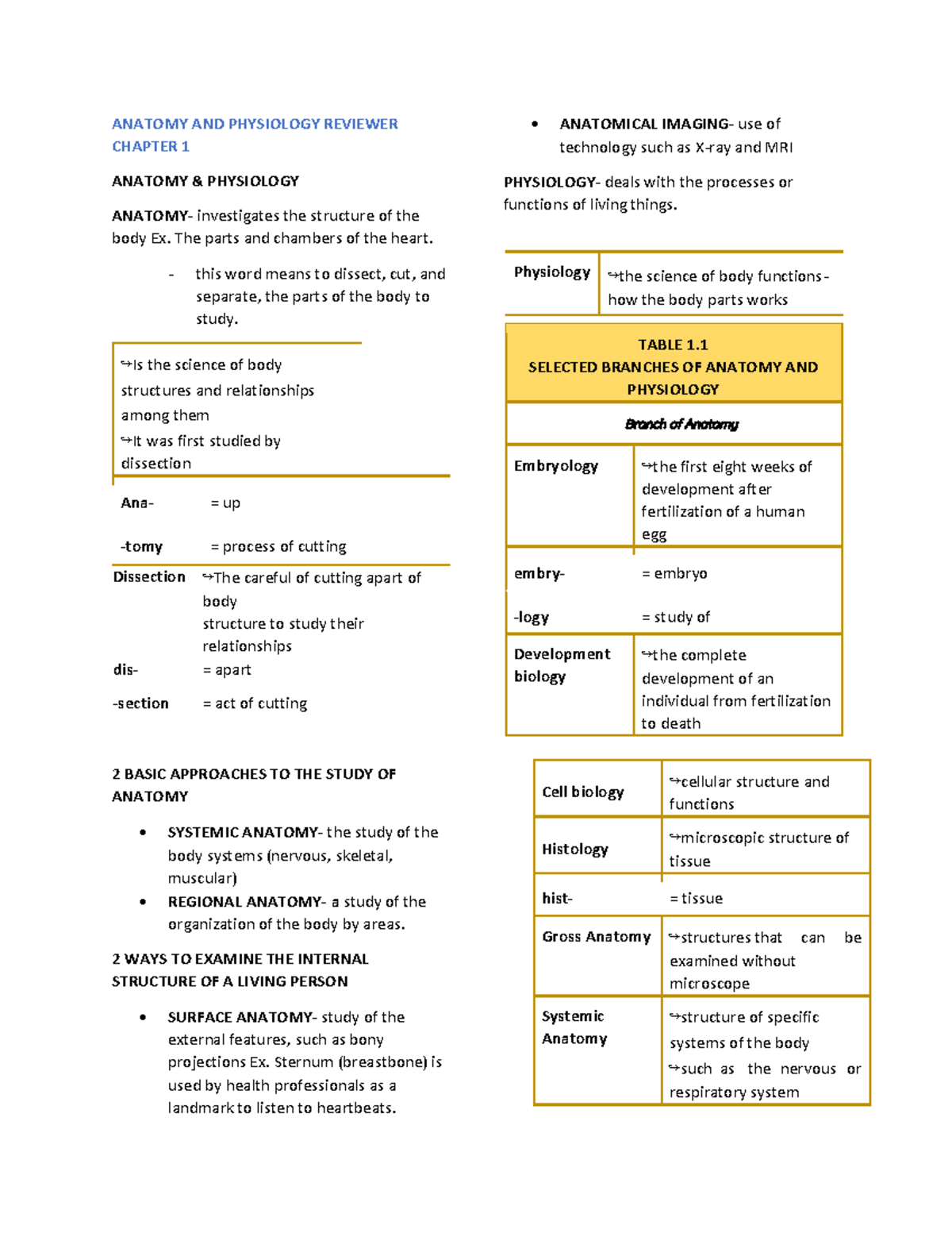 Anatomy AND Physiology Reviewer Chapter 1 - ANATOMY AND PHYSIOLOGY ...