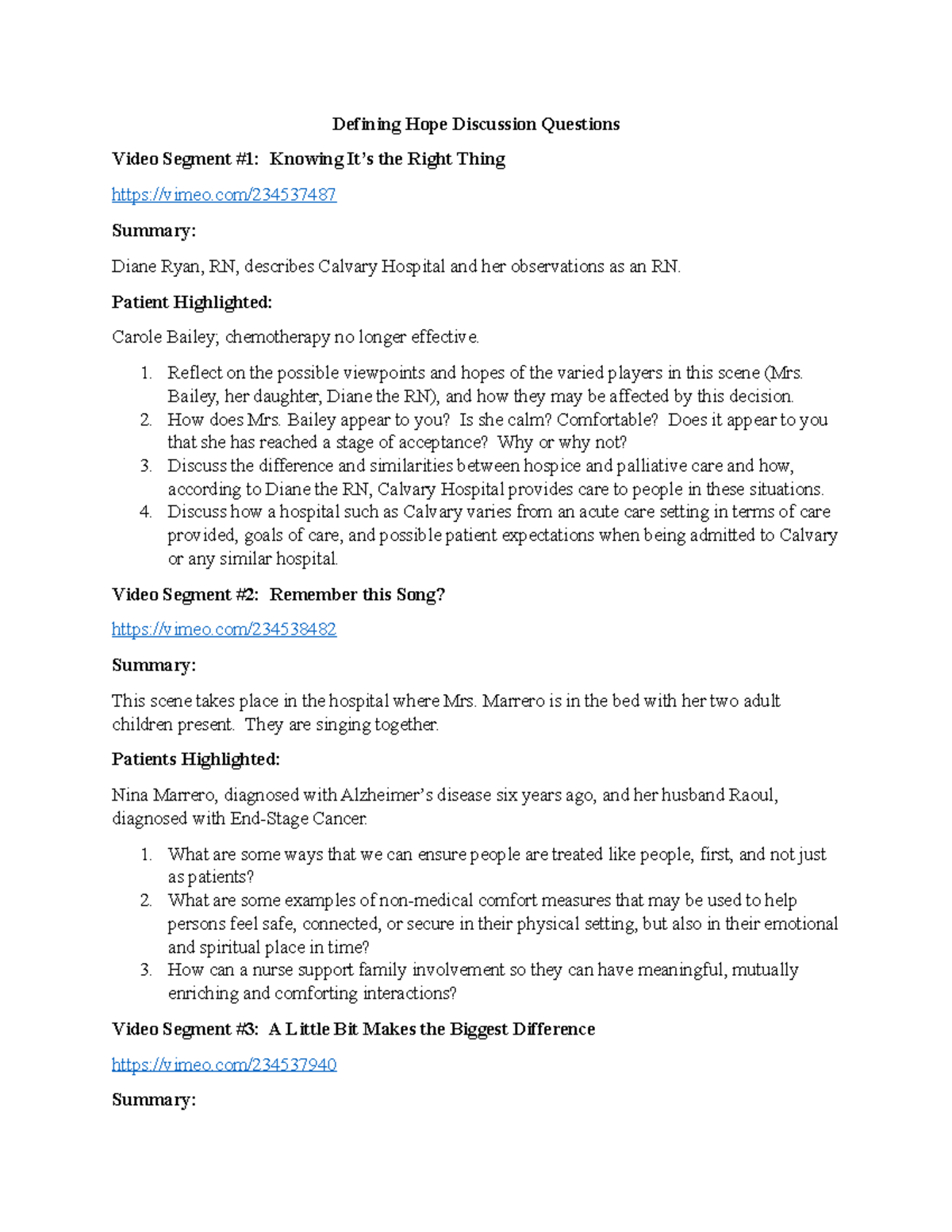 Defining Hope Discussion Questions: Insights from Video Segments - Studocu