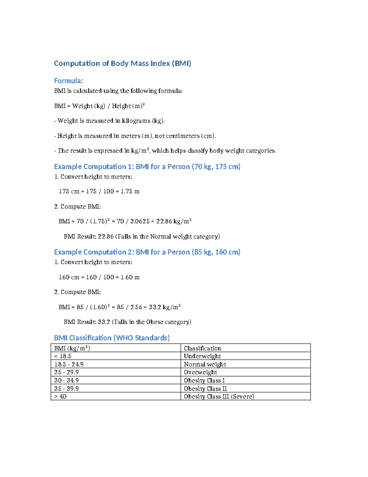 BMI computation and classification examples for health assessment - Studocu
