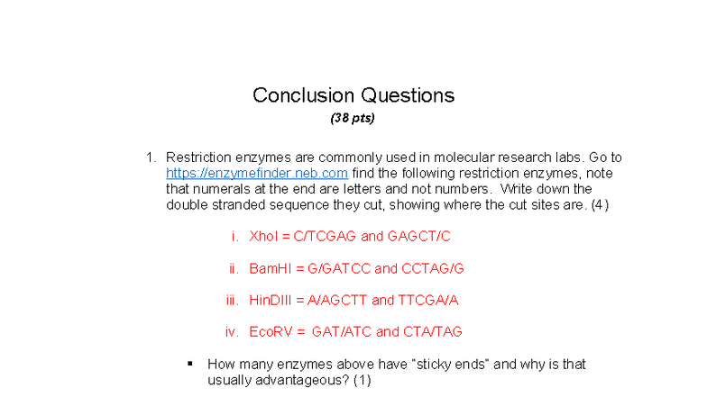 Cell 2115 Lab 8: Conclusion Questions on Restriction Enzymes and ...