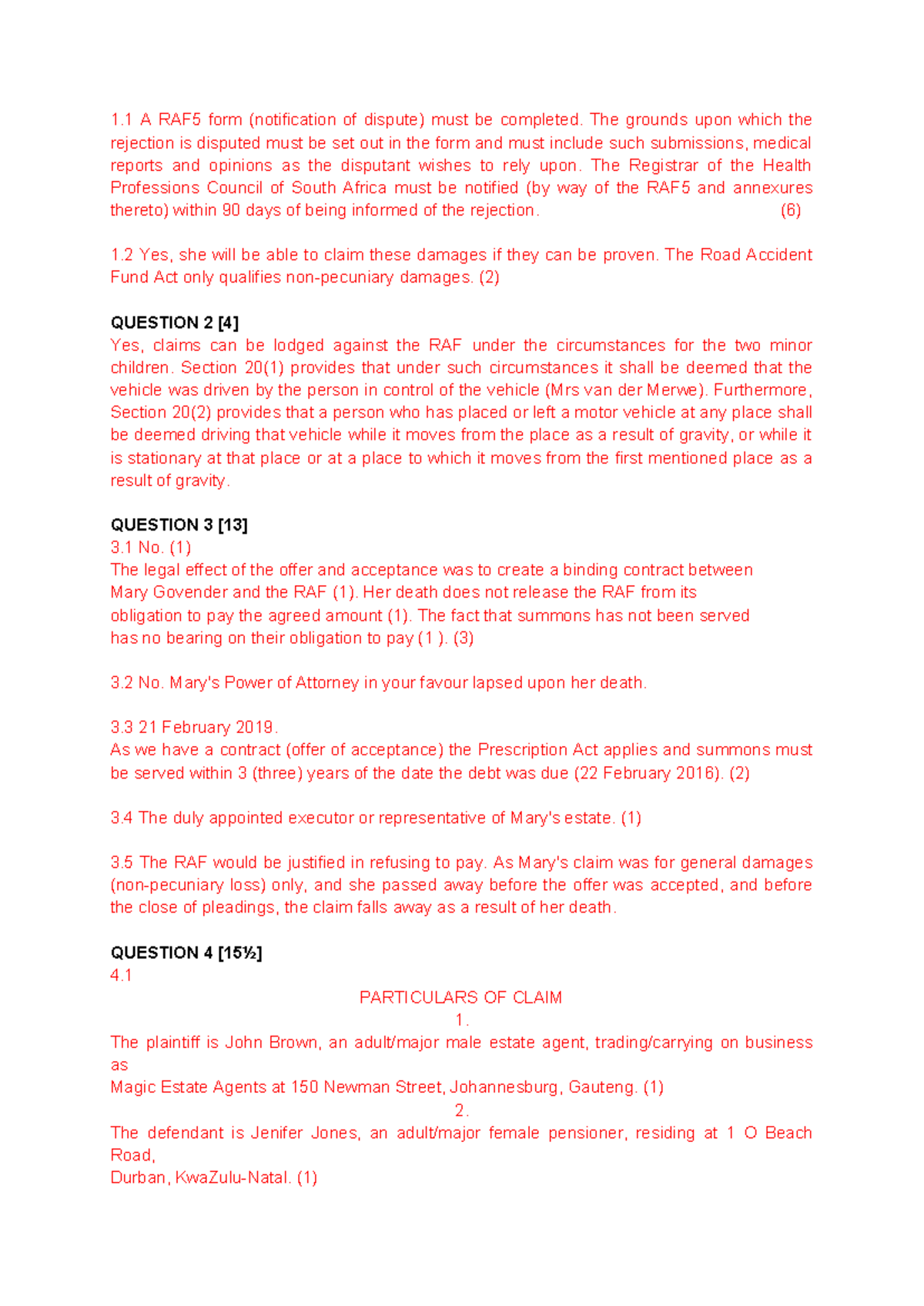 RAF - Practice Questions & Answers on Road Accident Fund Law - Studocu