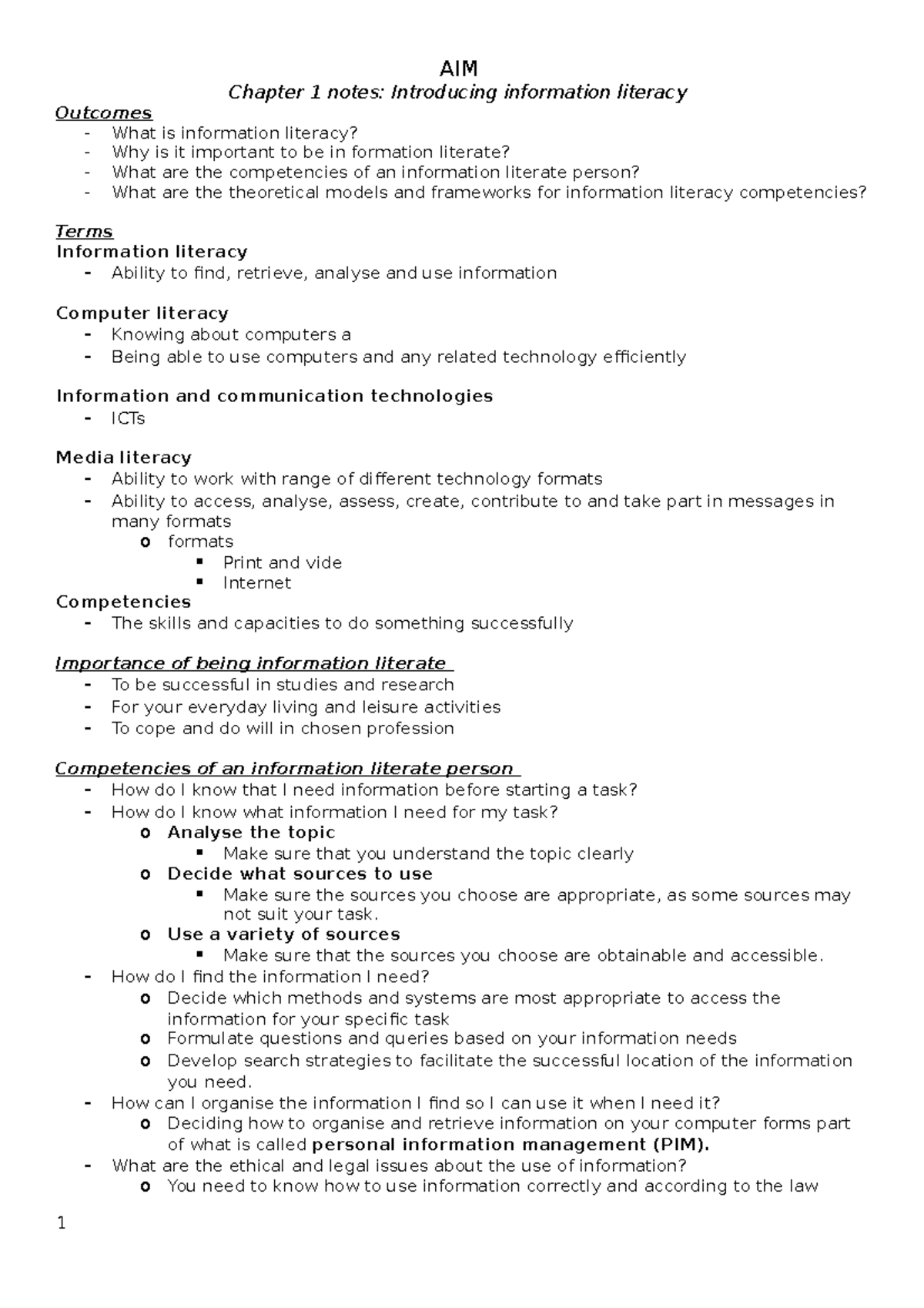 AIM chapter 1 2 3 and 7 - Summary notes - AIM Chapter 1 notes ...
