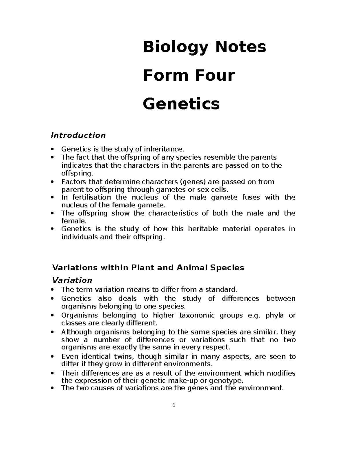 Biology Form 4 Final Notes: Introduction to Genetics and Evolution ...