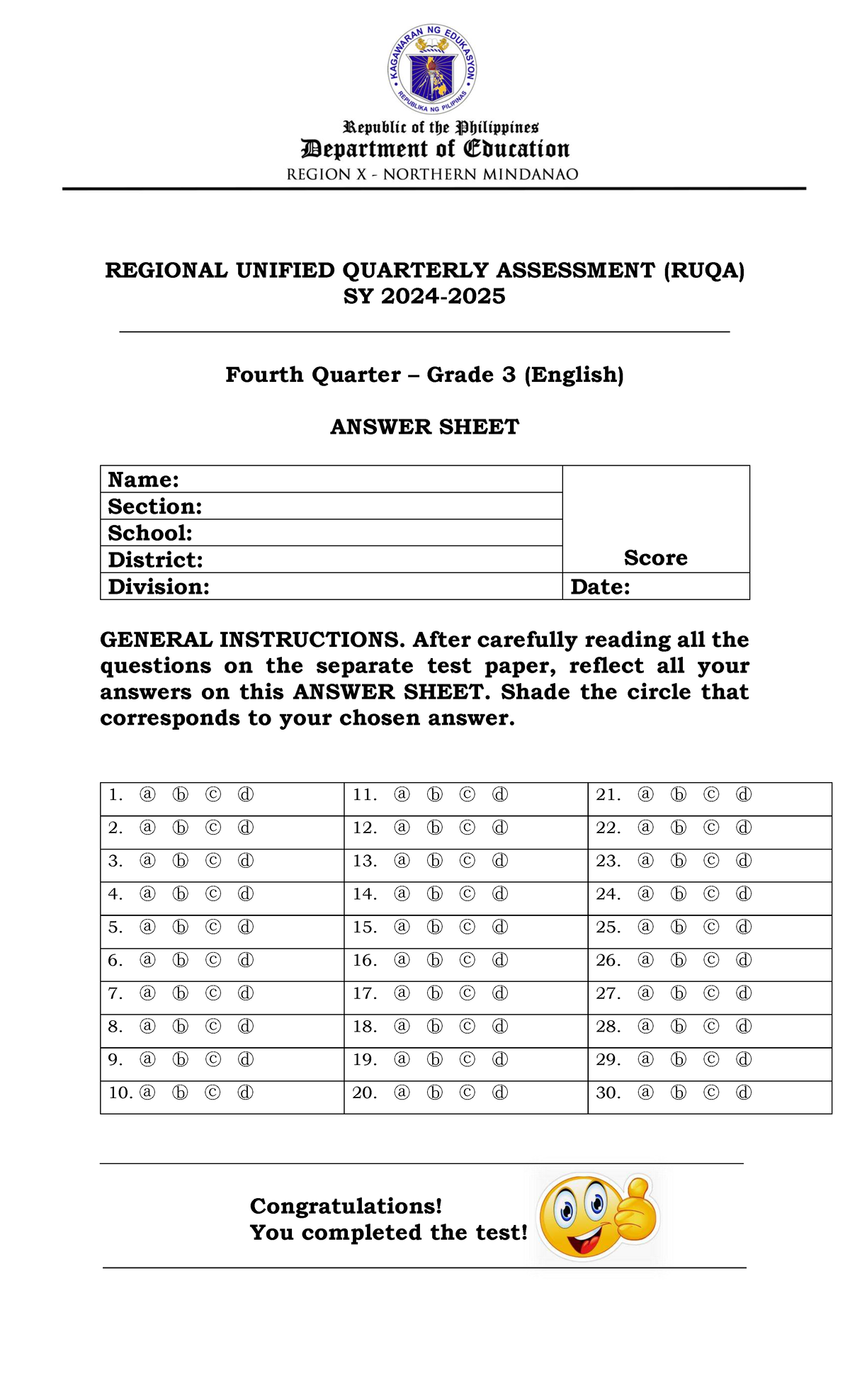 Grade 3 English Q4 Assessment - Answer Sheet - REGIONAL UNIFIED ...