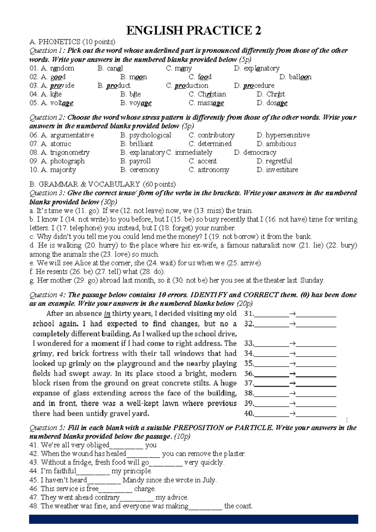 ĐỀ VÀO 10 Chuyên ANH - ĐỀ 2: Phonetics, Grammar, Reading & Writing ...