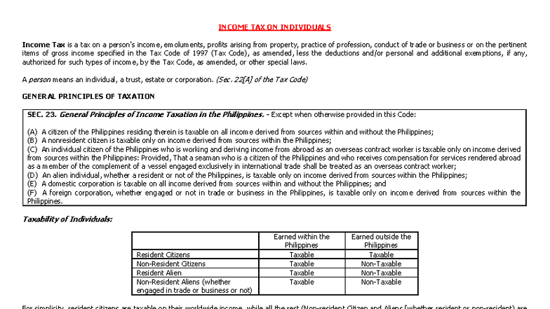 TAX 3: Income Tax on Individuals - Comprehensive Overview - Studocu