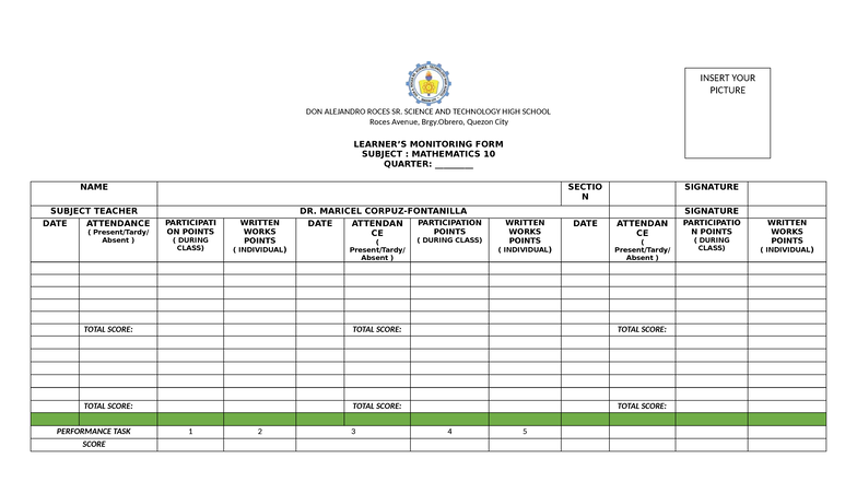 Monitoring Sheet for Math 10 - Attendance & Performance Evaluation - Studocu