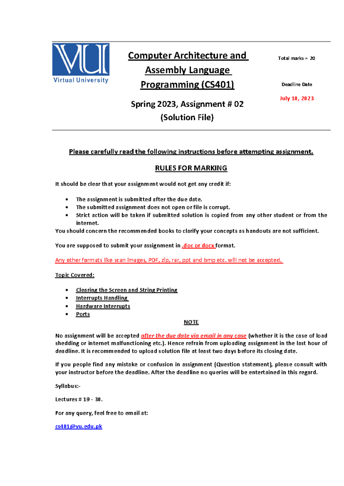 CS401 - Assignment 2 - Computer Architecture and Assembly Language Programming (CS401) Spring ...