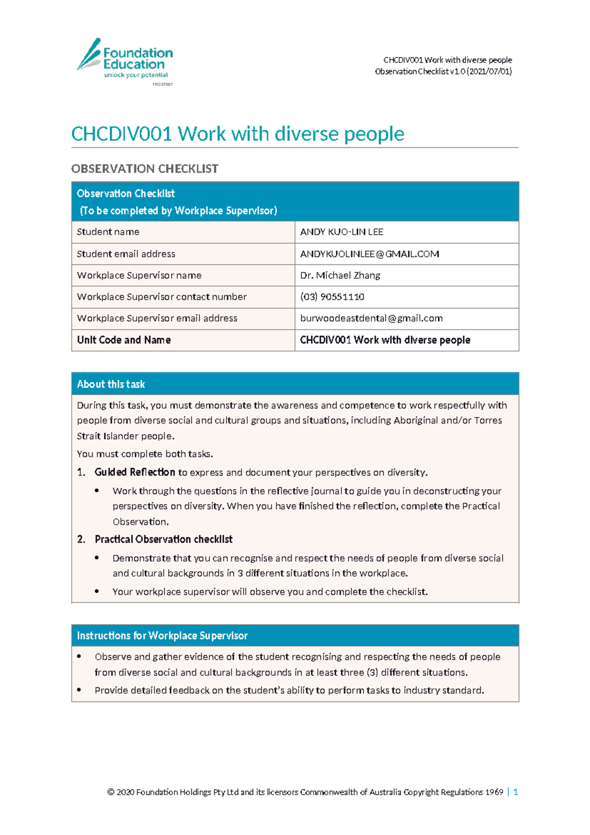 CHCDIV001 Observation Checklist for Working with Diverse People - Studocu