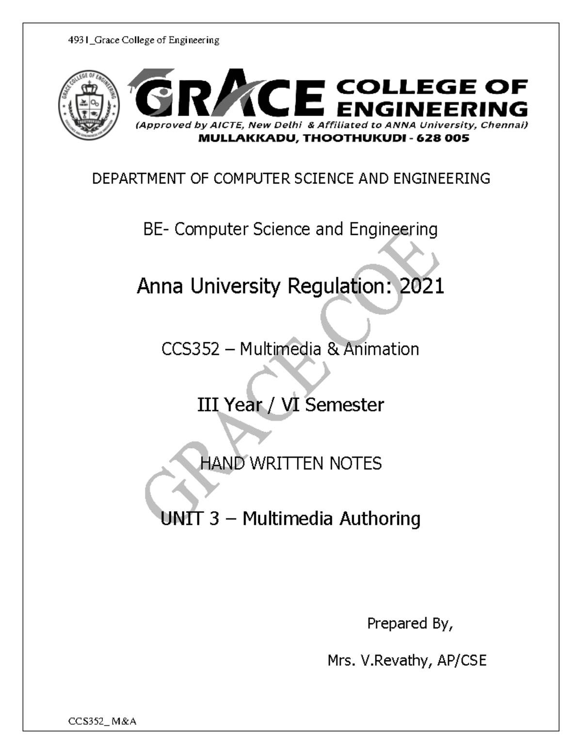 CCS352 Multimedia Animation Unit 3 Notes - Grace College - Studocu