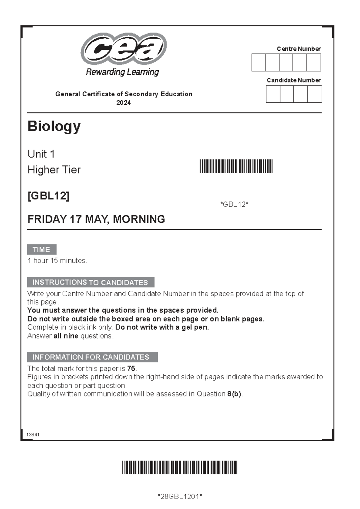 Biology Unit 1 Higher Tier Exam - May 2024 (Code: BIO) - Studocu