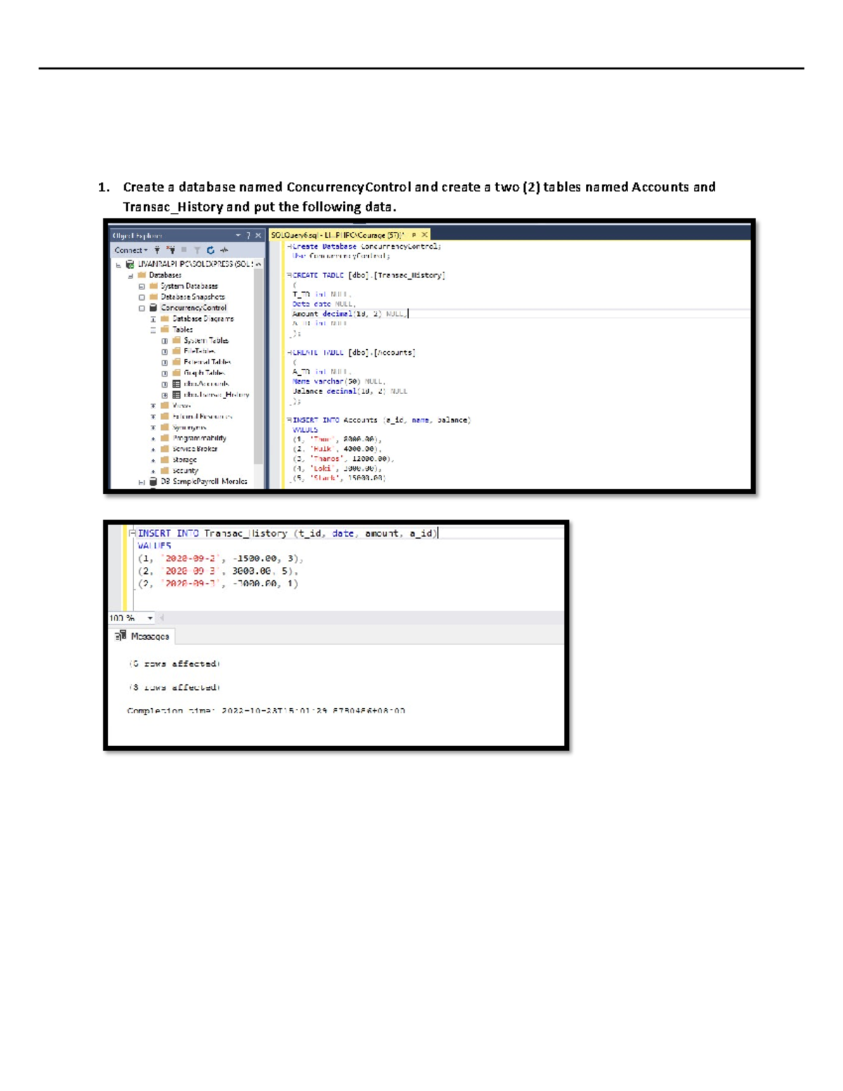 03 Hands on Activity 2 ARG Mo - Create a database named ConcurrencyControl and create a two (2 ...
