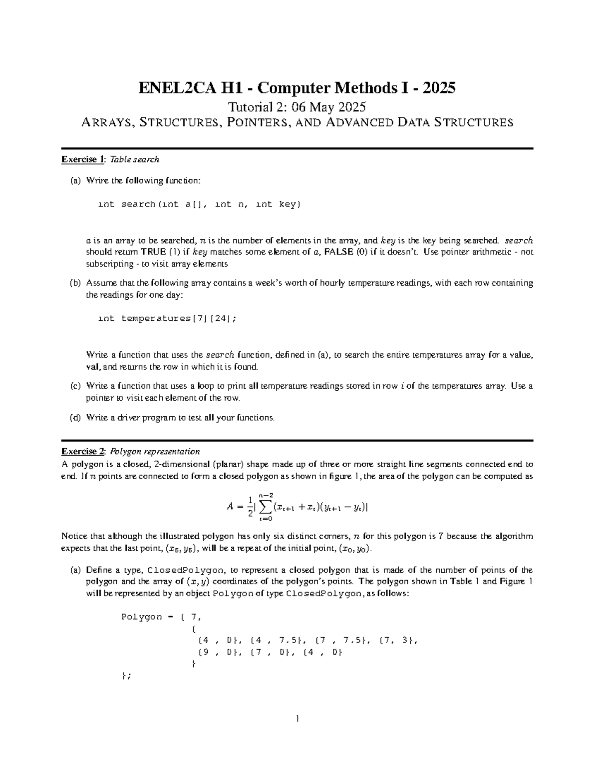 ENEL2CA H1 Computer Methods I 2025 Tutorial 2: Arrays & Pointers - Studocu