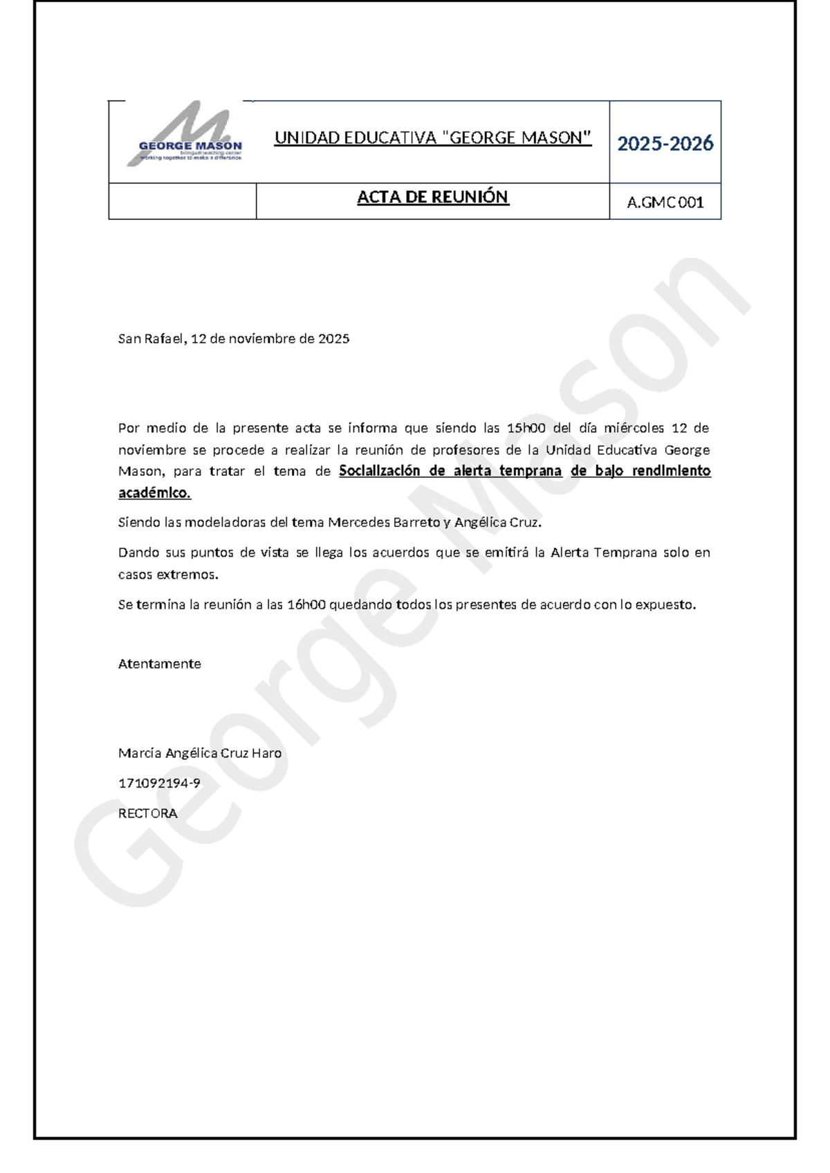 ACTA DE REUNIÓN A.GMC 001 - Socialización de Alerta Temprana - Studocu