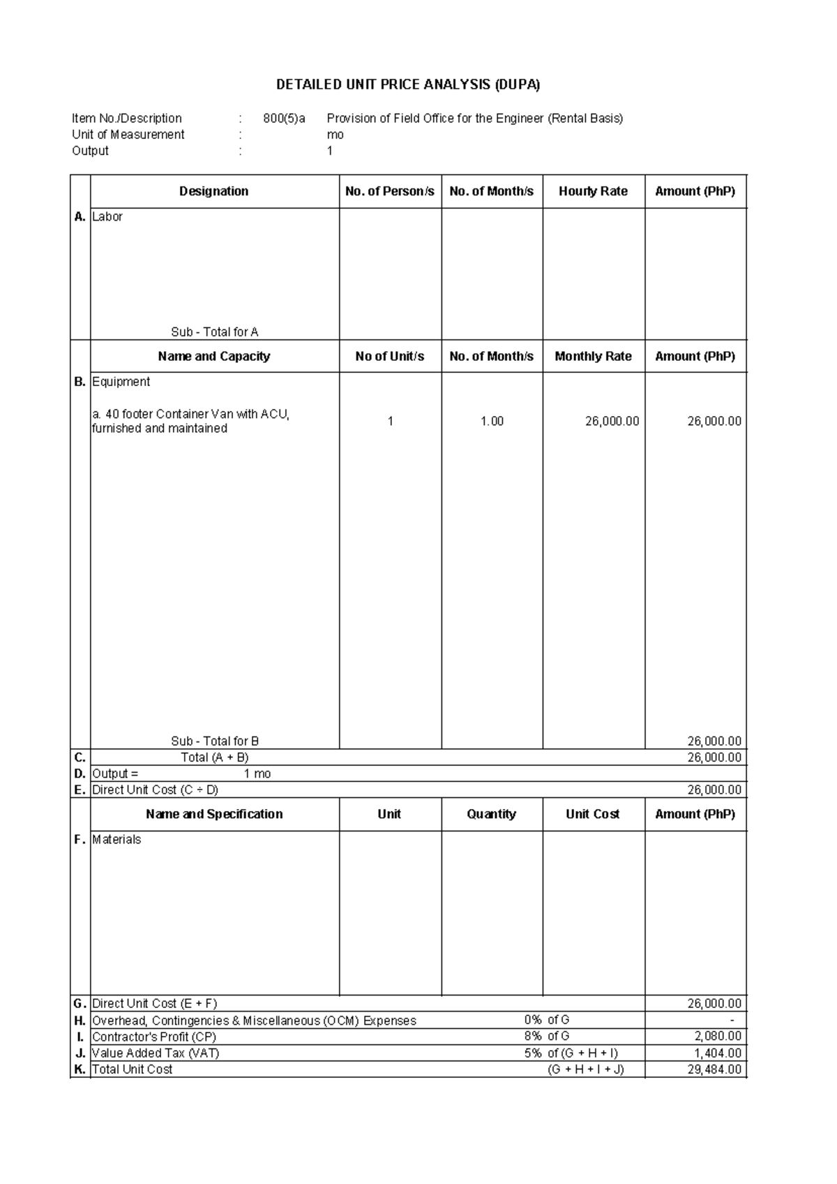 DETAILED UNIT PRICE ANALYSIS (DUPA) for Construction Costs - Studocu