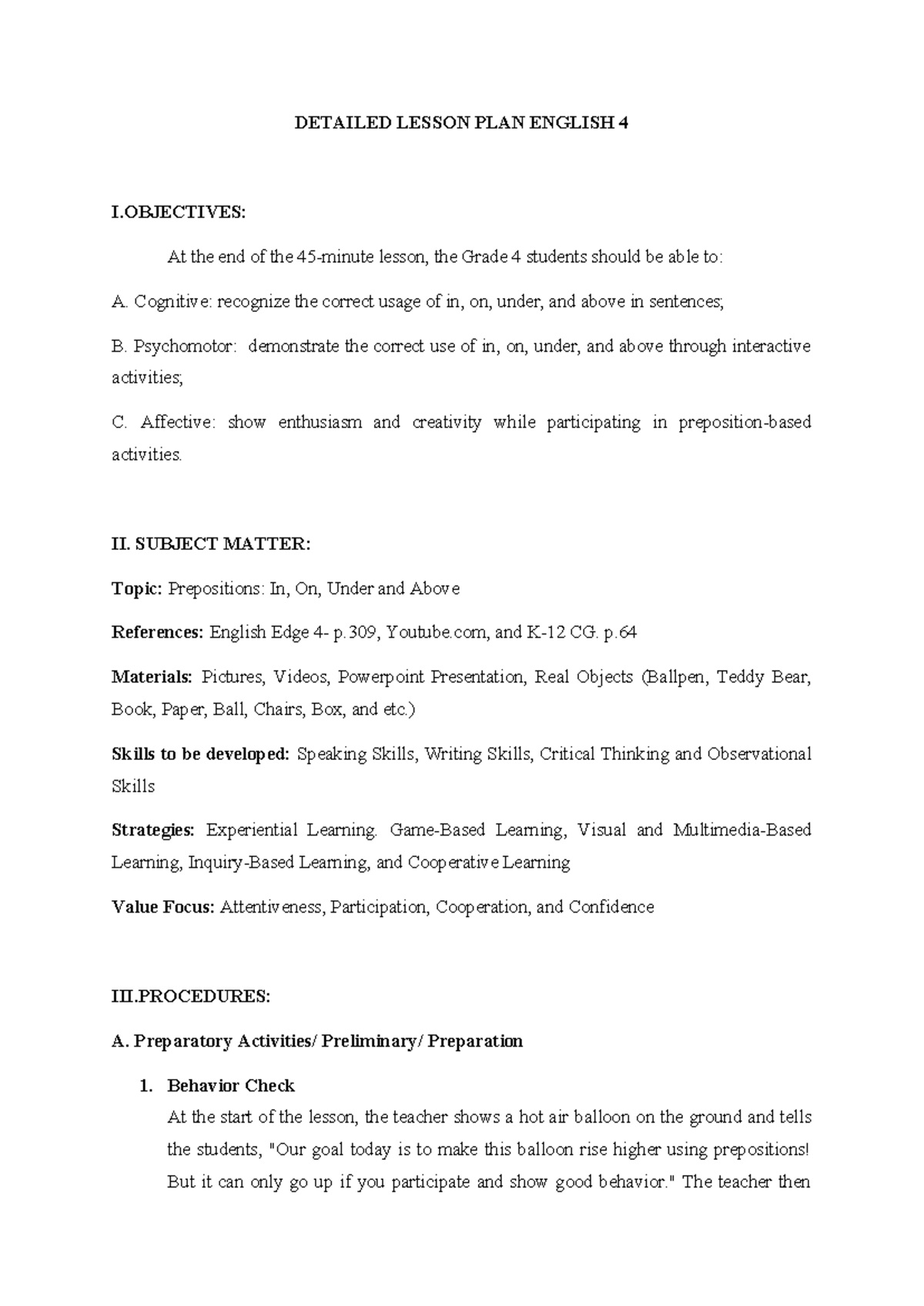 Detailed Lesson PLAN English 4 Without Matrix - DETAILED LESSON PLAN ...