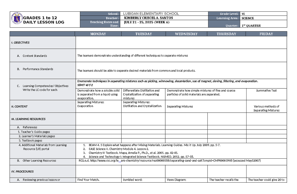 DLL Science 6 Q1 W6: Techniques for Separating Mixtures - Studocu