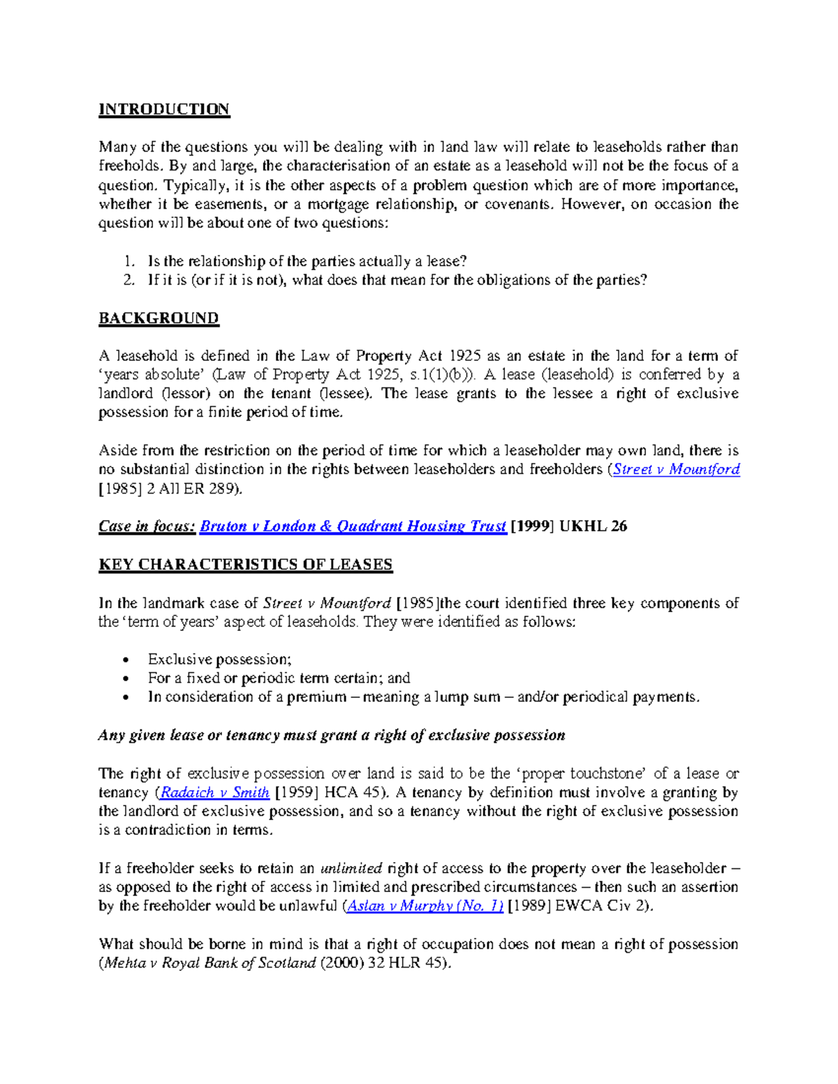 Leases Essay Notes: Key Concepts and Case Studies in Land Law - Studocu