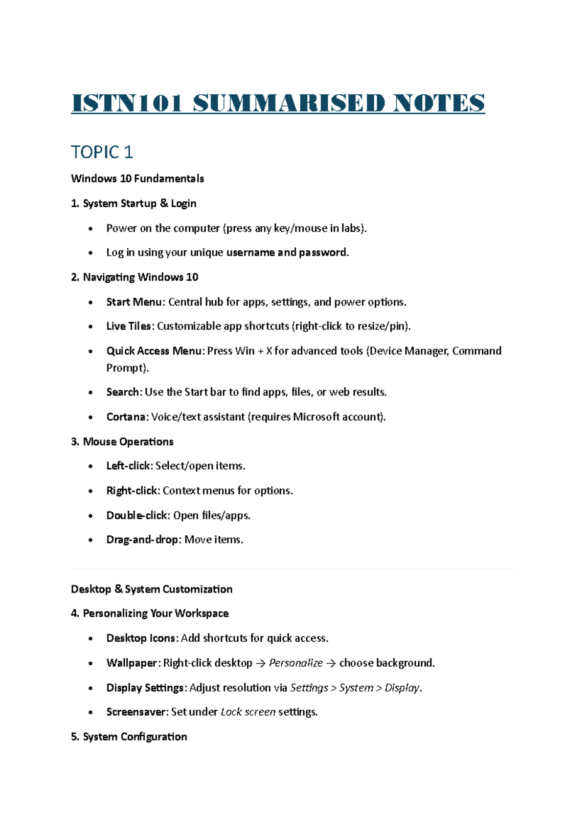 ISTN101 summarised notes on Windows 10 fundamentals and networking ...