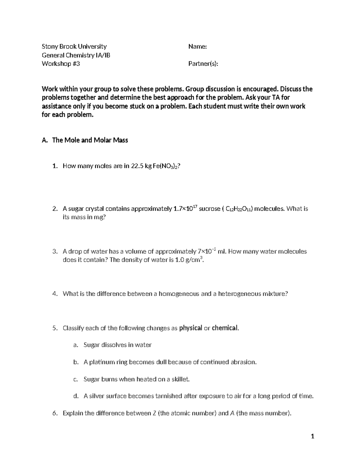 Workshop 3 - Mole, Molar Mass & Molecular Formula Determination - Studocu