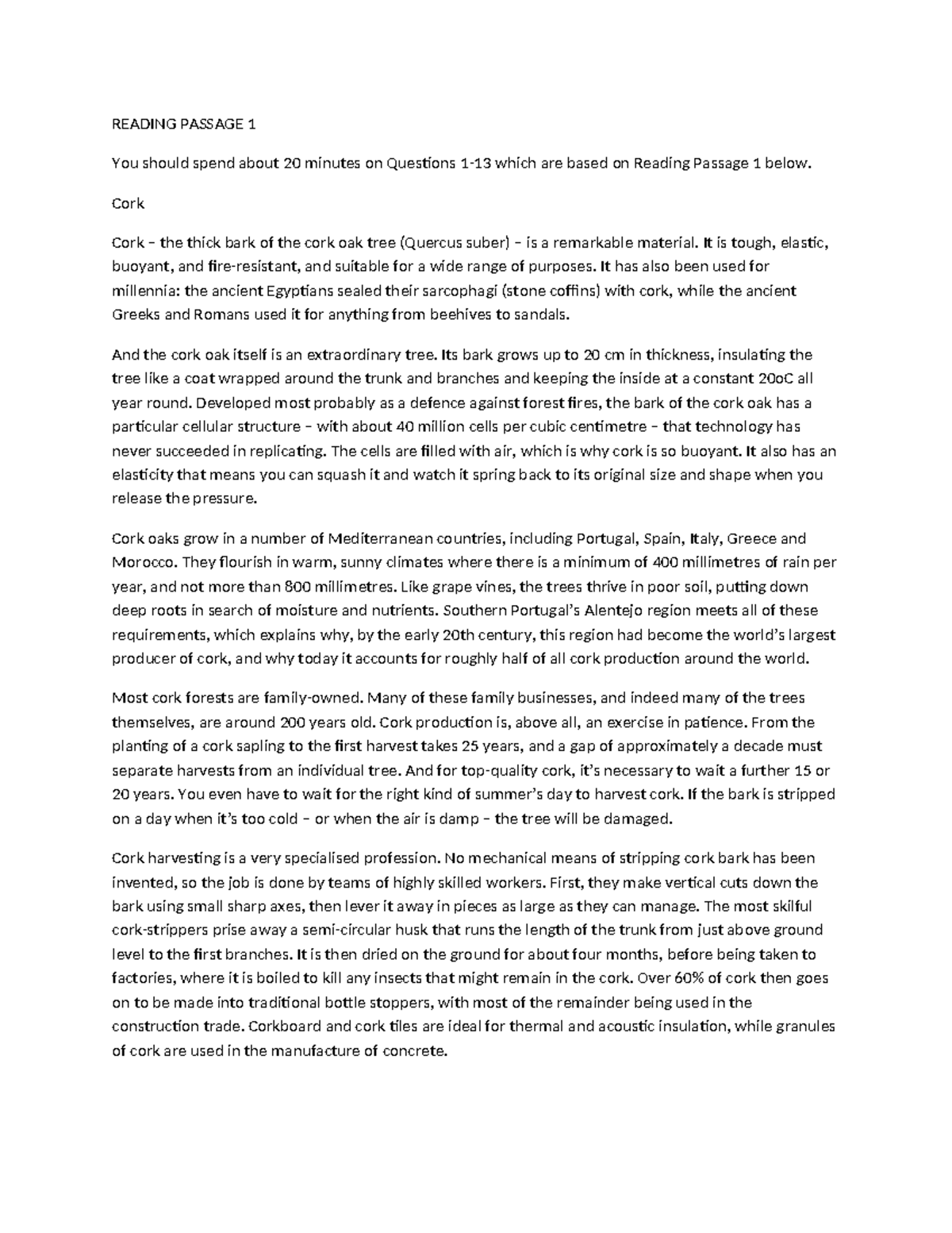 Cork: The Remarkable Material and Its Uses - Reading Passage 1 - Studocu