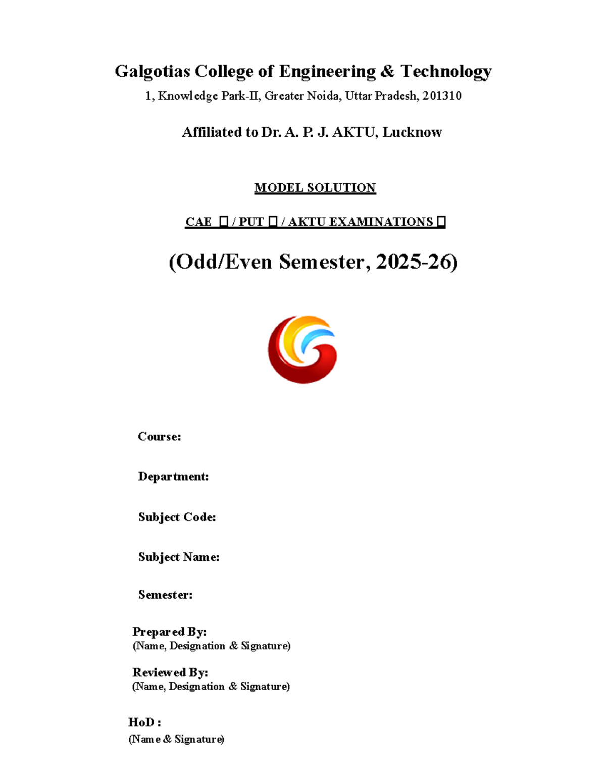 Standard Cover Page Format - Galgotias College of Engineering ...
