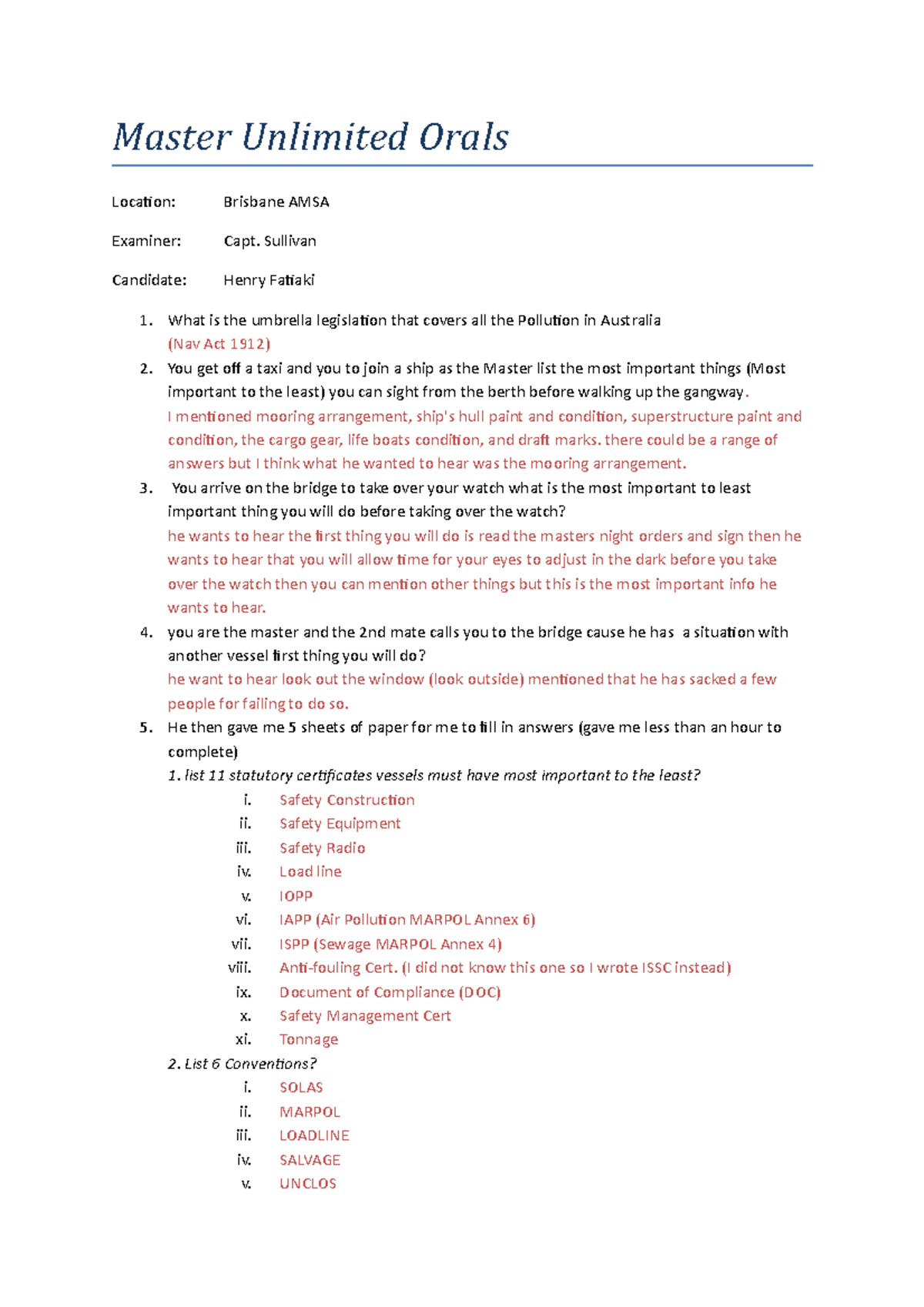 Master Unlimited Orals Exam Notes for Cpt. Sullivan - Henry Fatiaki ...