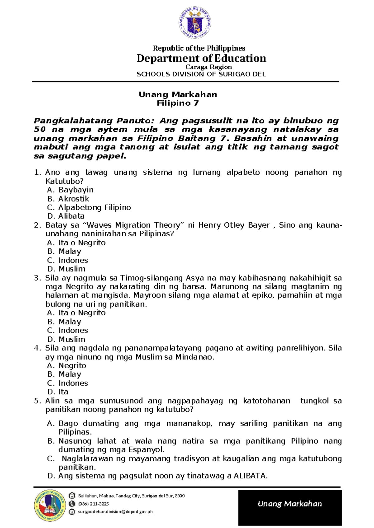 Filipino 7 Unang Markahan Test: Questions and Instructions - Studocu