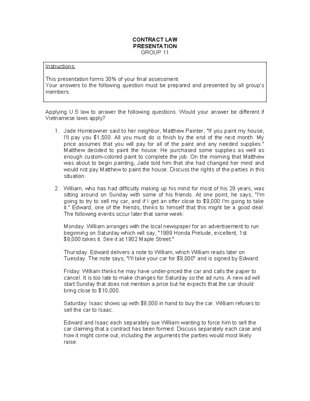 CONTRACT LAW PRESENTATION GROUP 11: Final Assessment Analysis - Studocu