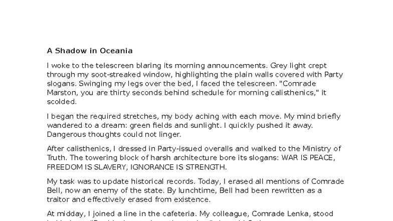 1984 Short Story Analysis: A Shadow in Oceania Exploration - Studeersnel