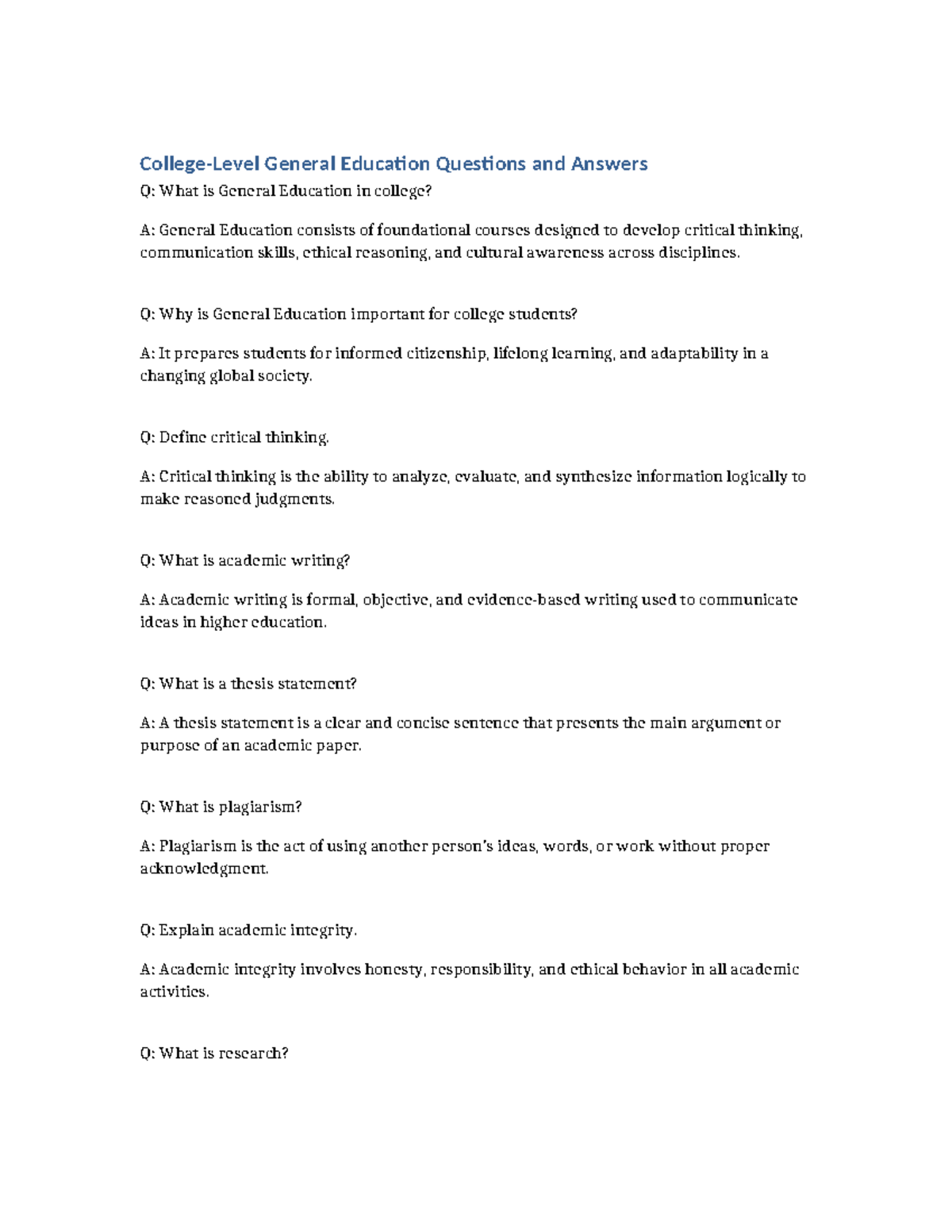 College General Education Q&A: Key Concepts and Importance - Studocu