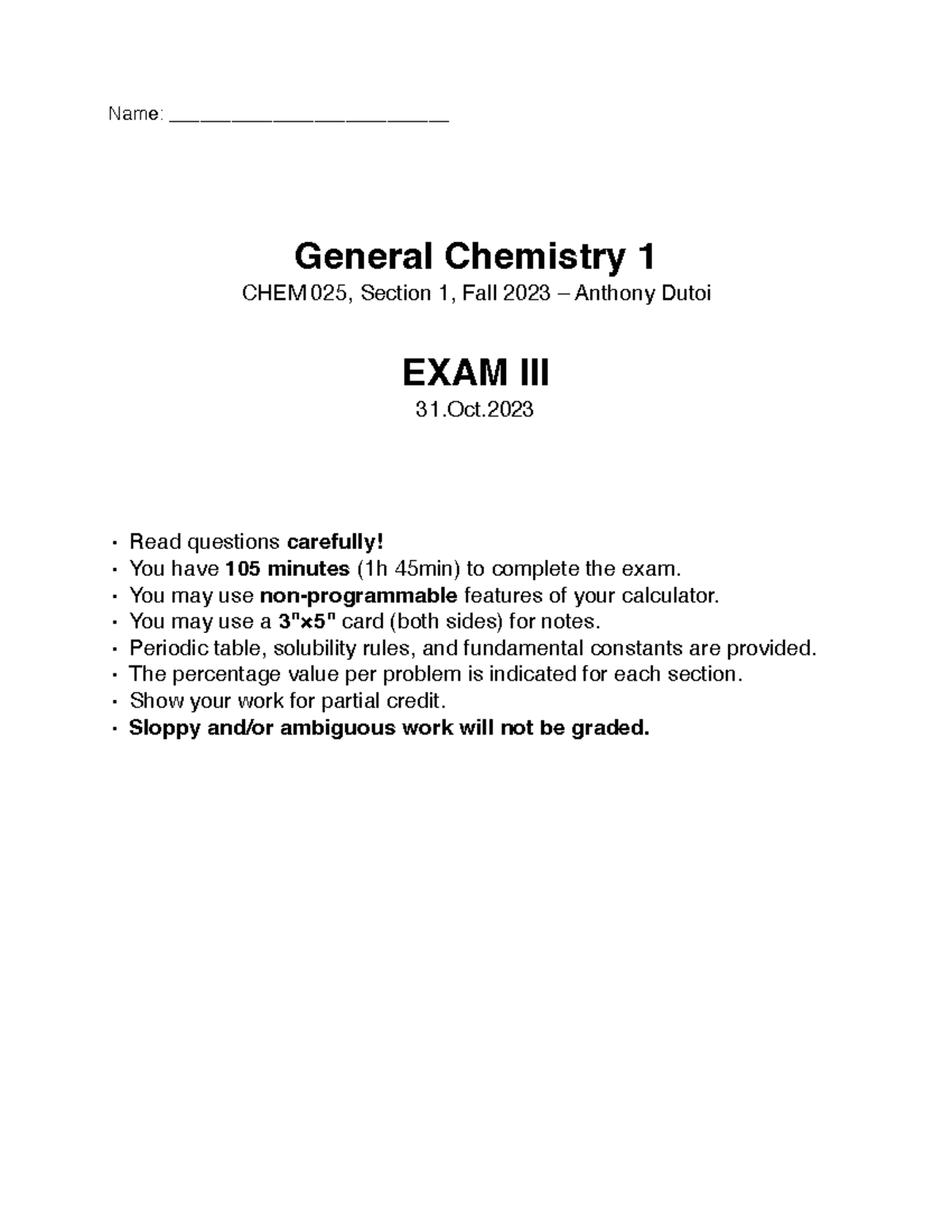 General Chemistry 1 CHEM 025 Final Exam Review - Fall 2023 - Studocu