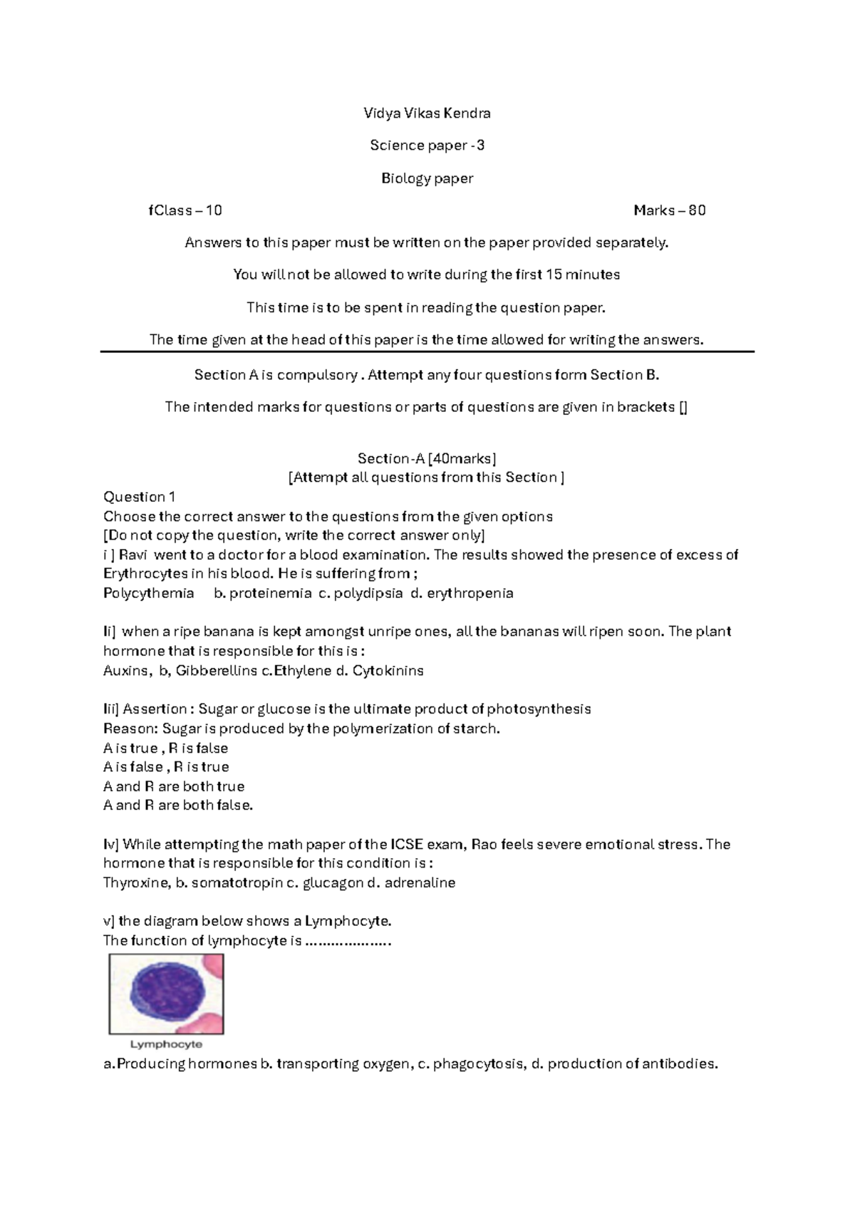 Class 10 Biology Exam Paper - Vidya Vikas Kendra (Marks: 80) - Studocu