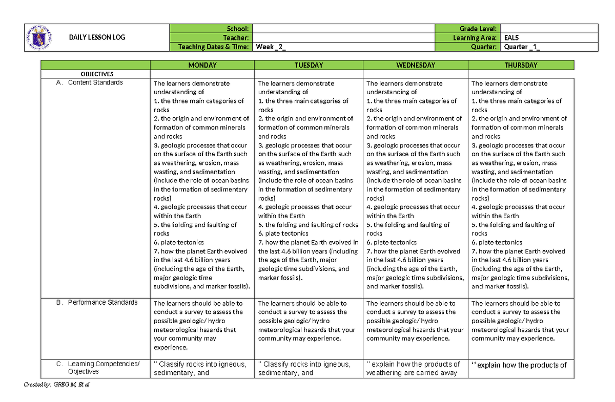 EALS - Daily Lesson Log for Earth and Life Science (Quarter 1) - Studocu