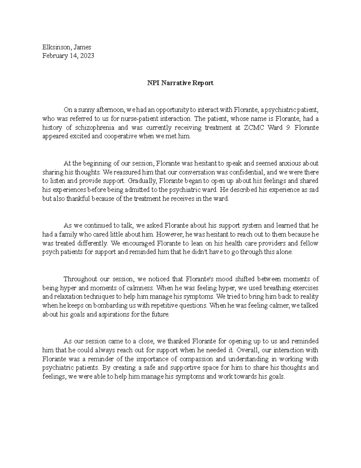 NPI Narrative Report on Psychiatric Patient Interaction - Studocu