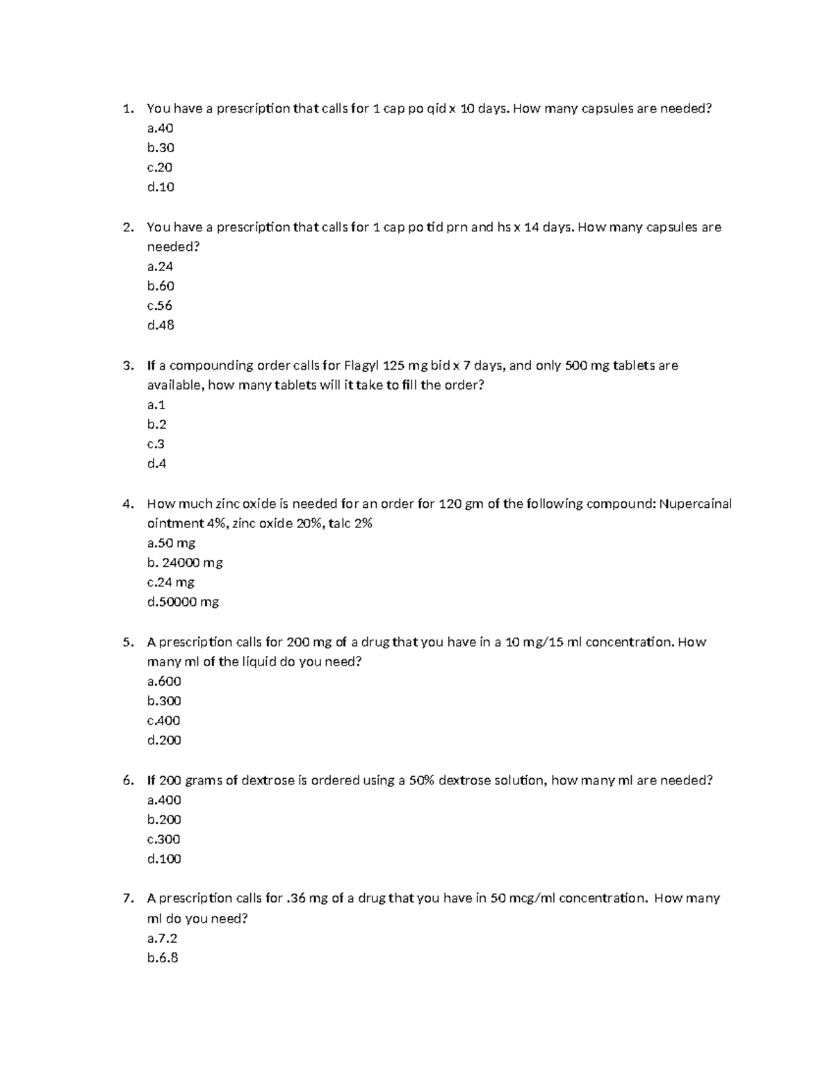 Math Practice 2 - Basic Math Problems for Pharmacy Calculations - Studocu