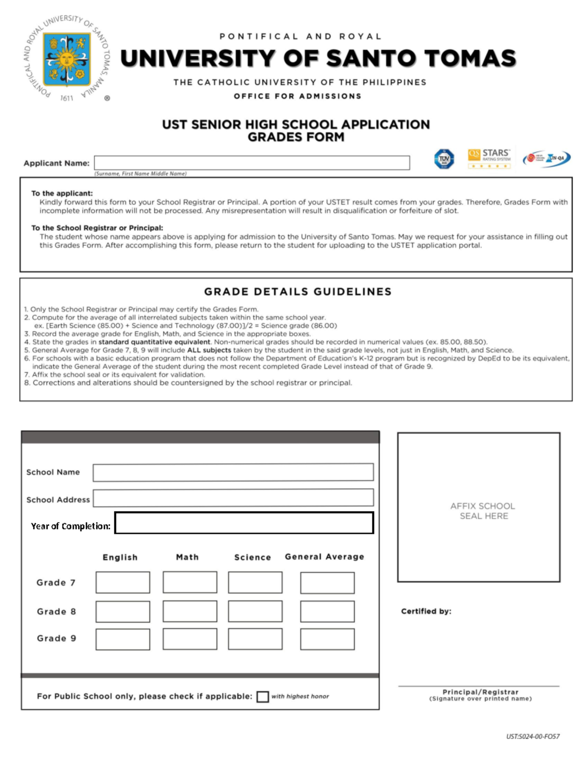 UST SHS 2025 Grades Form for Admissions Application - Studocu