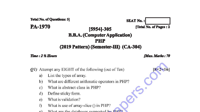 B.B.A. (CA) Semester-3 PHP Exam Paper (2019 Pattern) - Nov 2022 - Studocu
