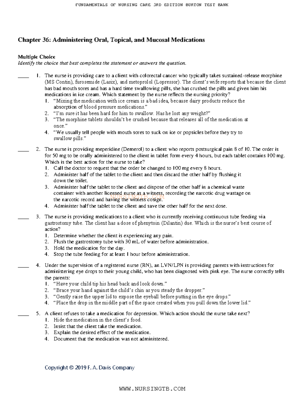 Test Bank 9780803669062: Medications Administration, Chapter 36 - Studocu