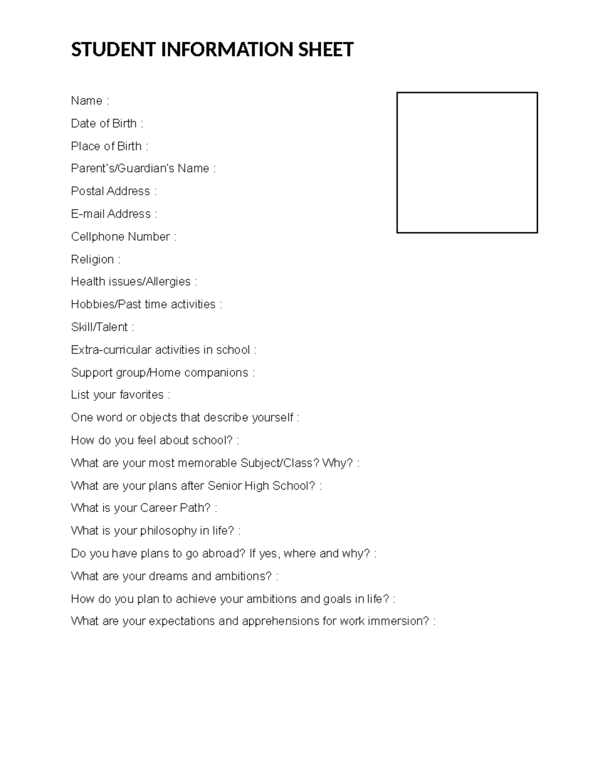 Student Information Sheet Template for Academic Records - Studocu
