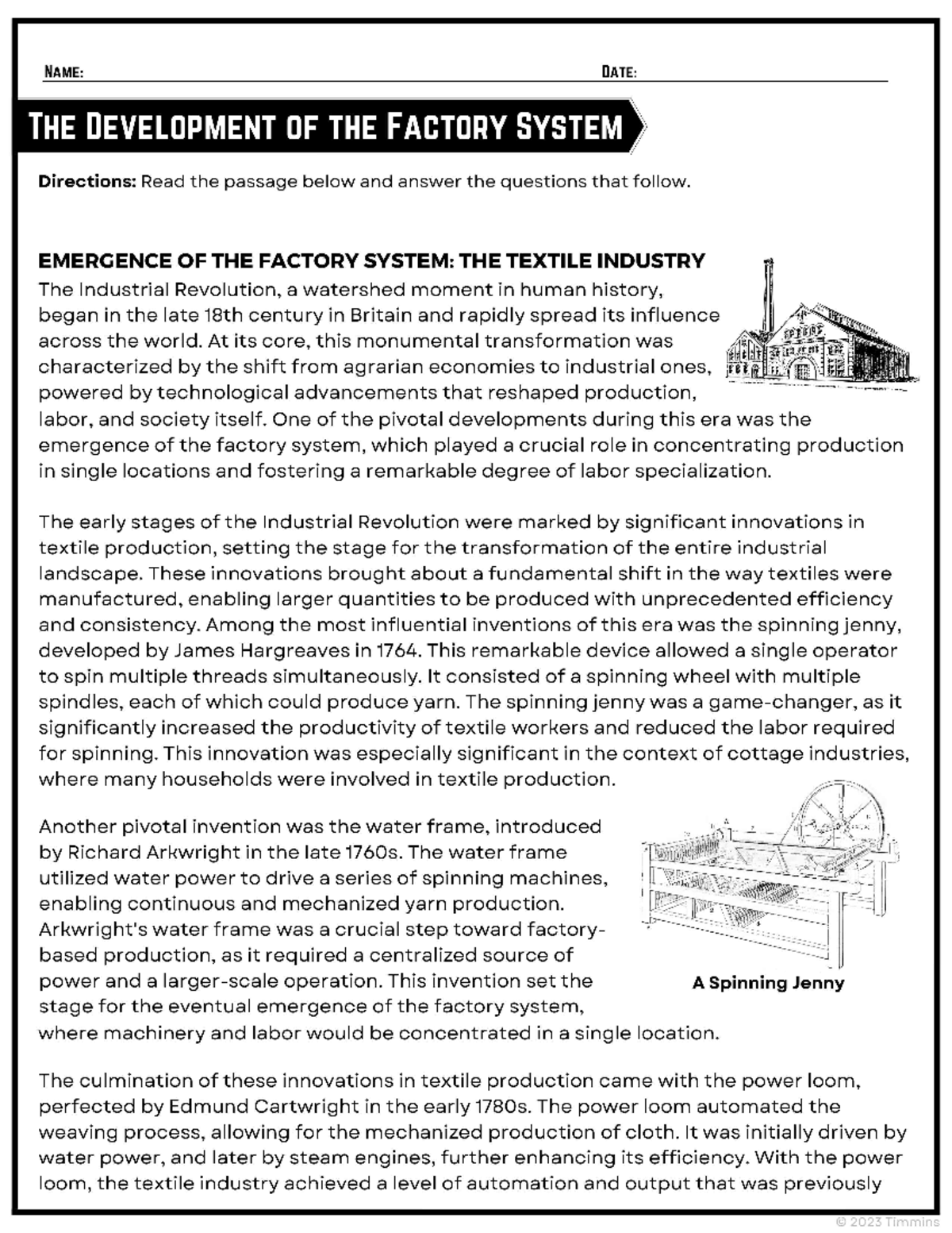 Development of the Factory System Reading - NAME: DATE: THE DEVELOPMENT ...