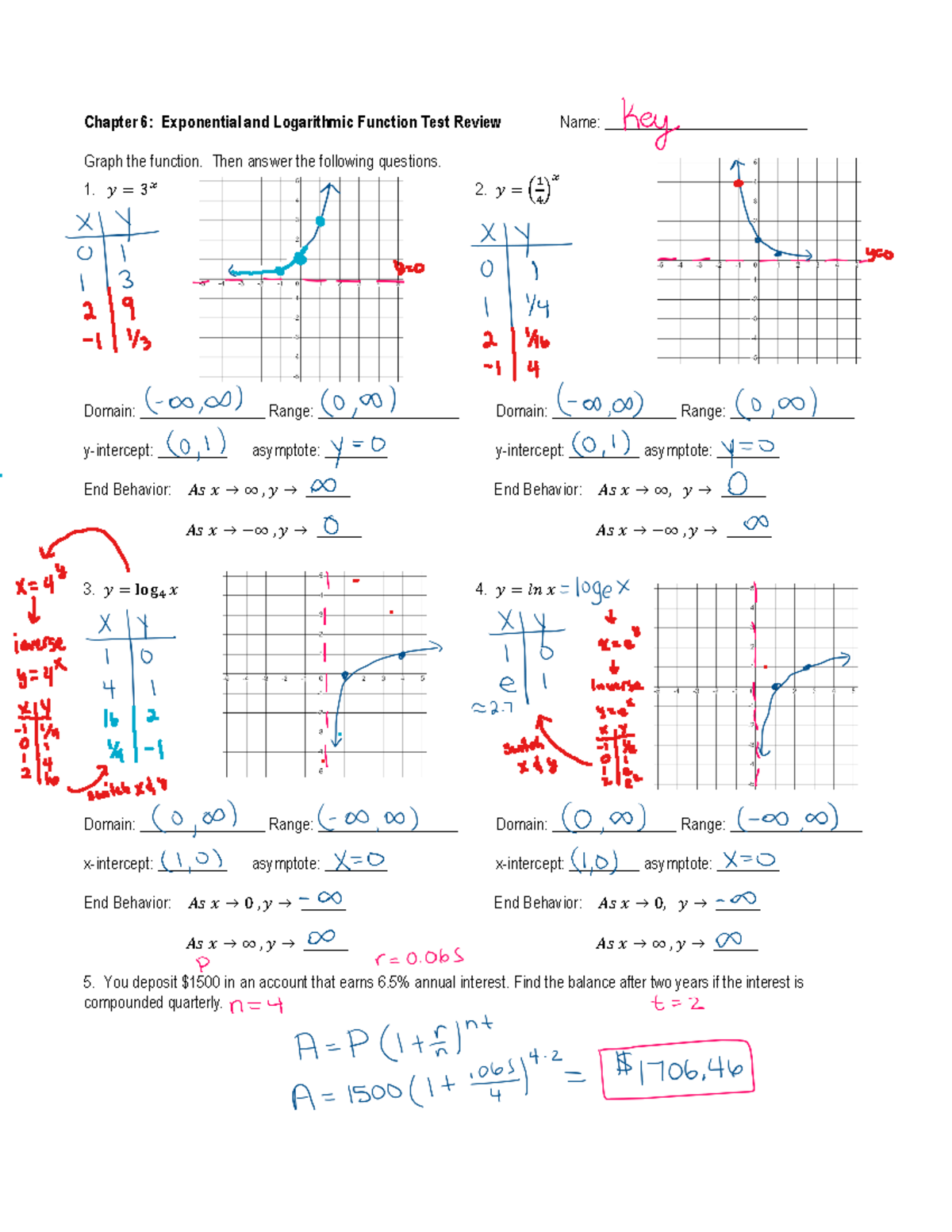 Chapter 6 Test Review Key: Exponential & Logarithmic Functions - Studocu