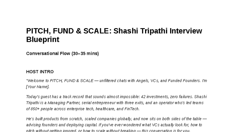 Pitch FUND Scale: Shashi Tripathi Interview Blueprint & Insights - Studocu