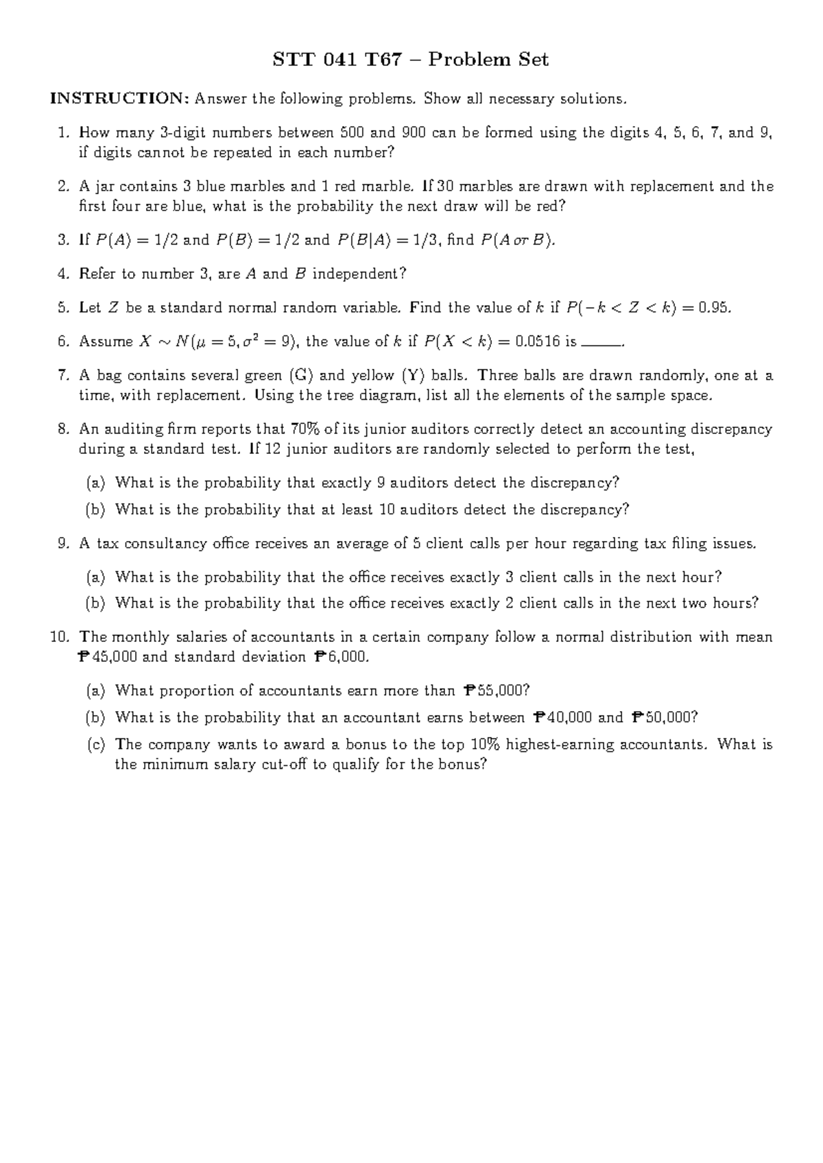 STT 041 T67 Probability and Statistics Problem Set Solutions - Studocu