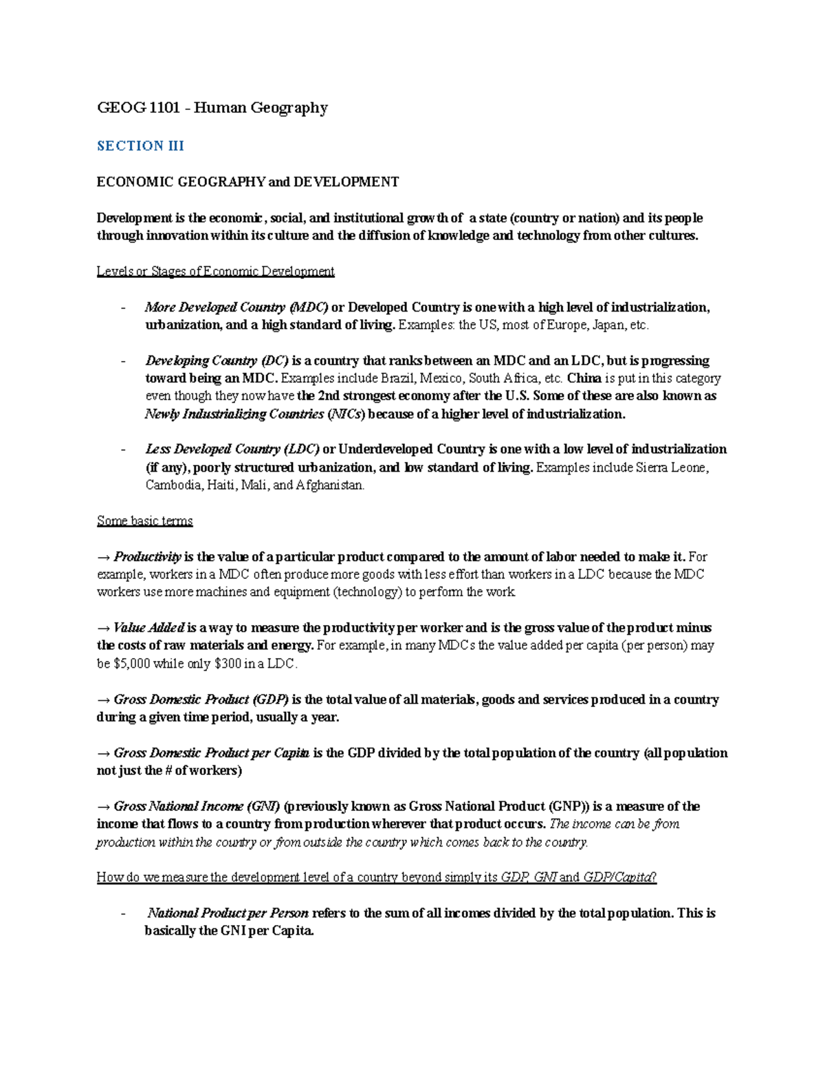 GEOG 1101 [12-15] - section 3 notes - GEOG 1101 - Human Geography ...
